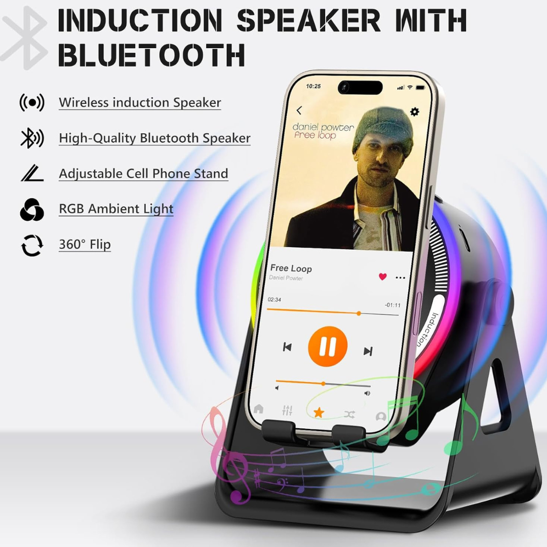 4-in-1 Wireless Induction Speaker with RGB Lights & Phone Stand | 360 ...